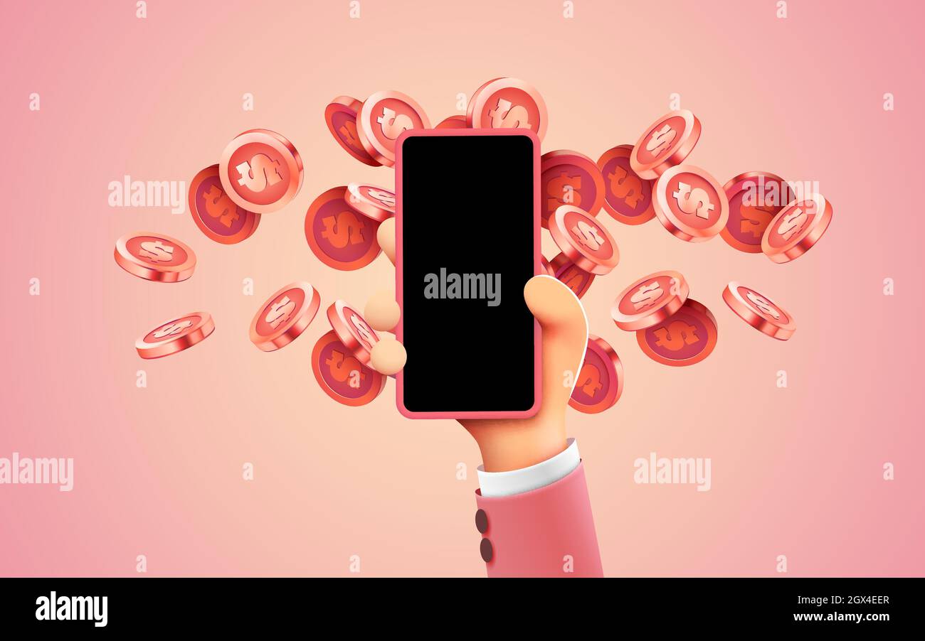 Easy online payments concept with cartoon 3D hand, phone and coin ...