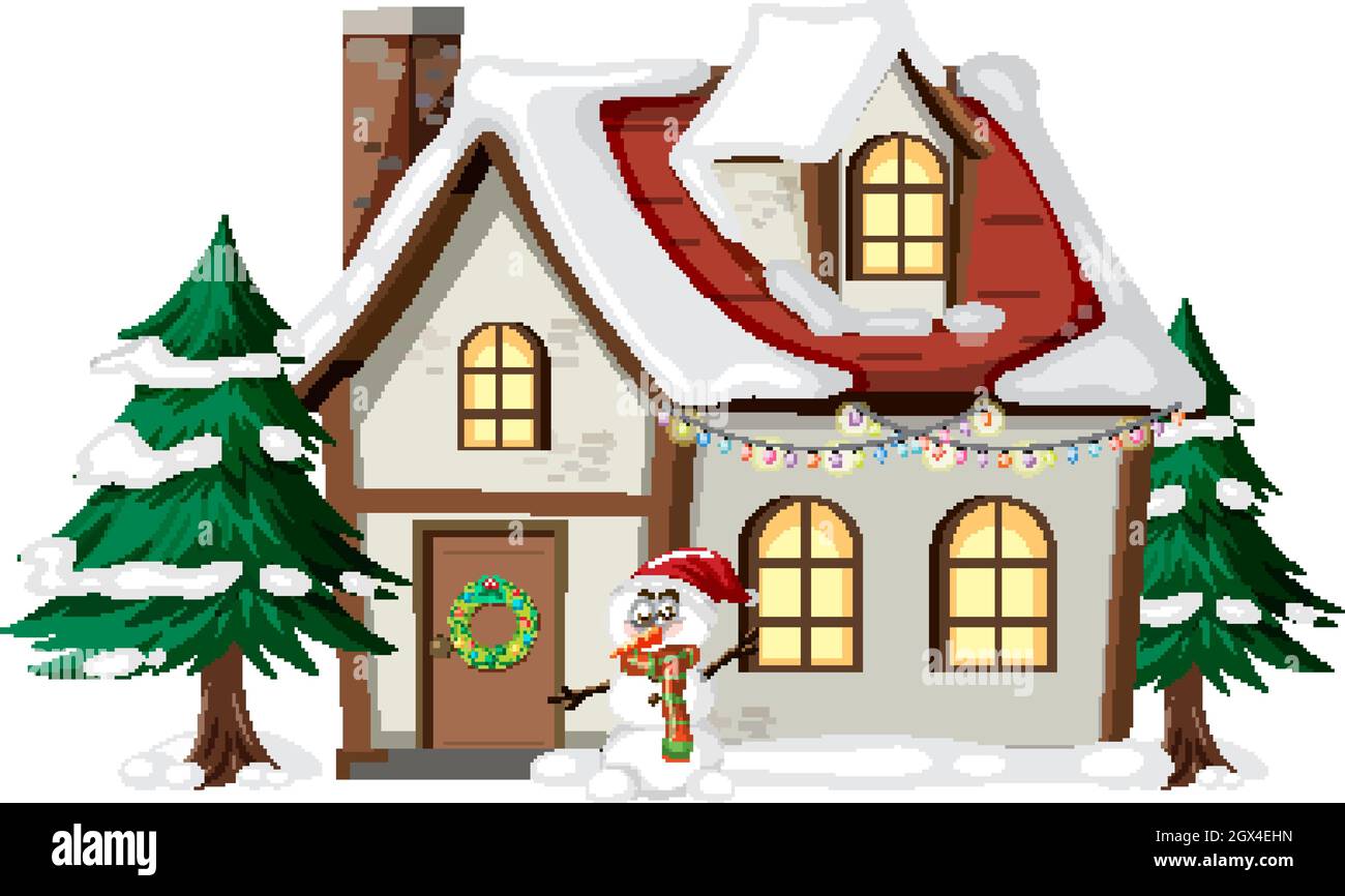 Christmas house with snowman and trees illustration Stock Vector Image ...