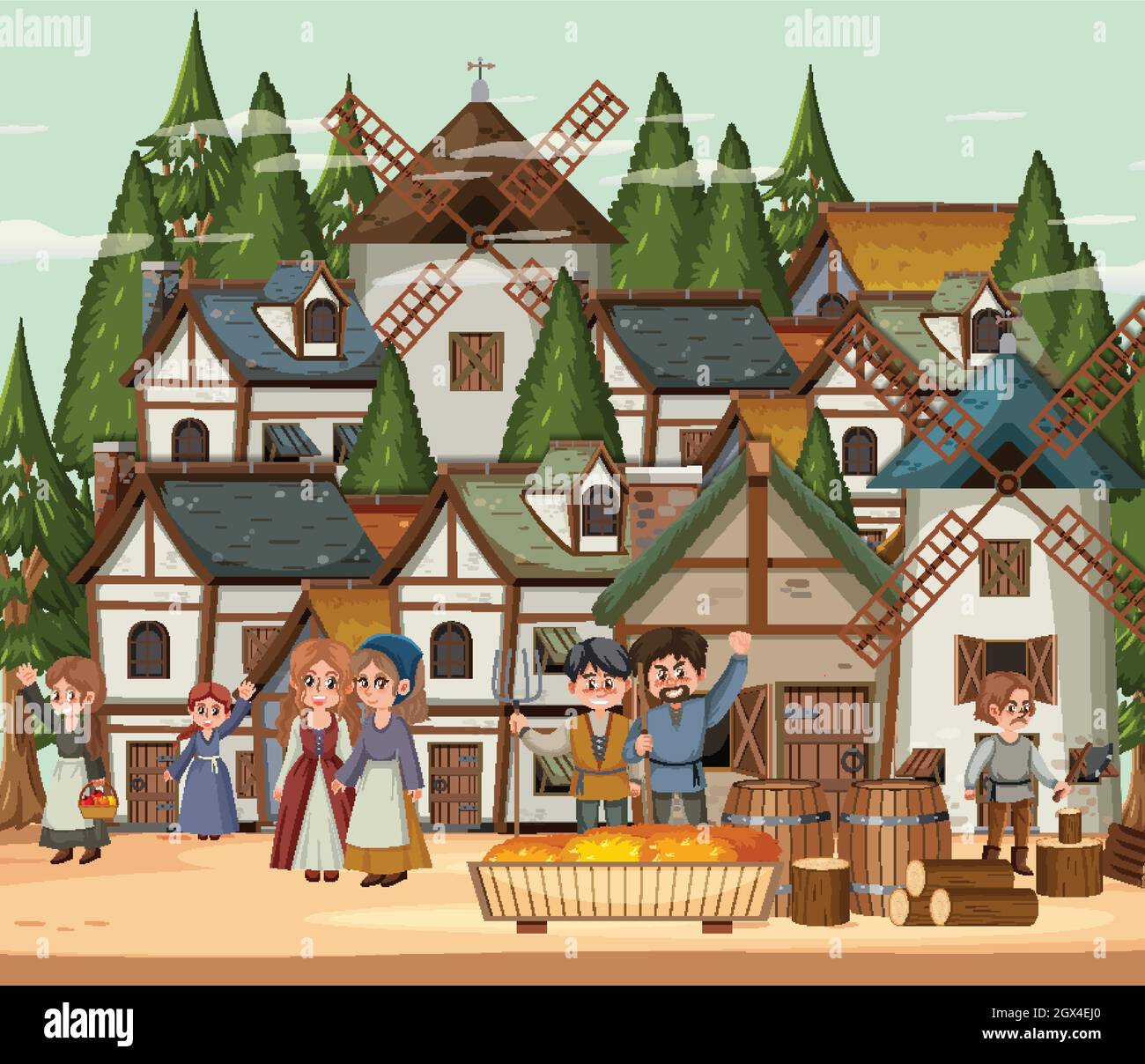 Medieval town scene with villagers illustration Stock Vector Image ...