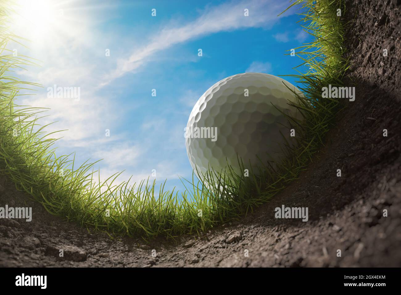 Golf ball is falling into hole. View from inside of hole. 3D rendered ...