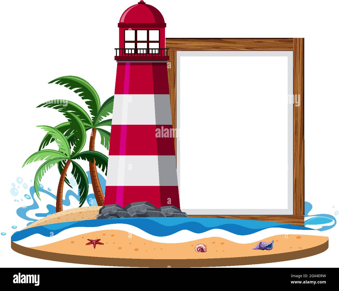Blank banner template on the island with lighthouse isolated ...