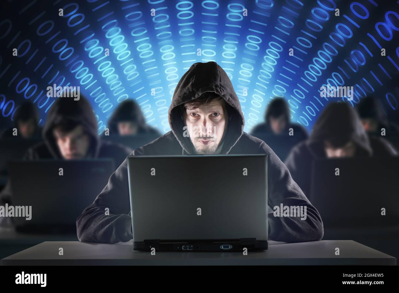Many hackers in troll farm. Security and cyber crime concept Stock ...