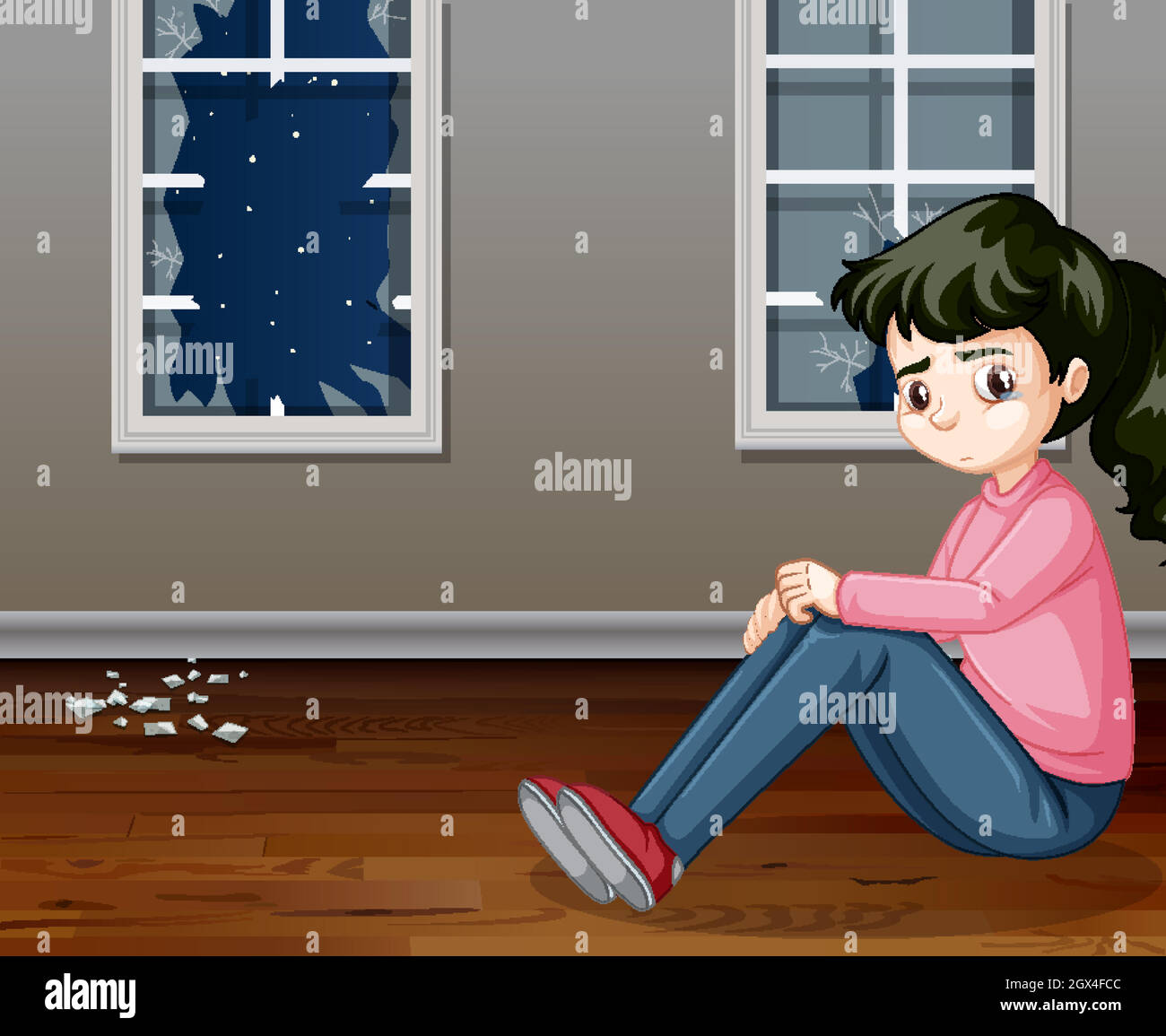 Scene with sad girl in broken home Stock Vector Image & Art - Alamy