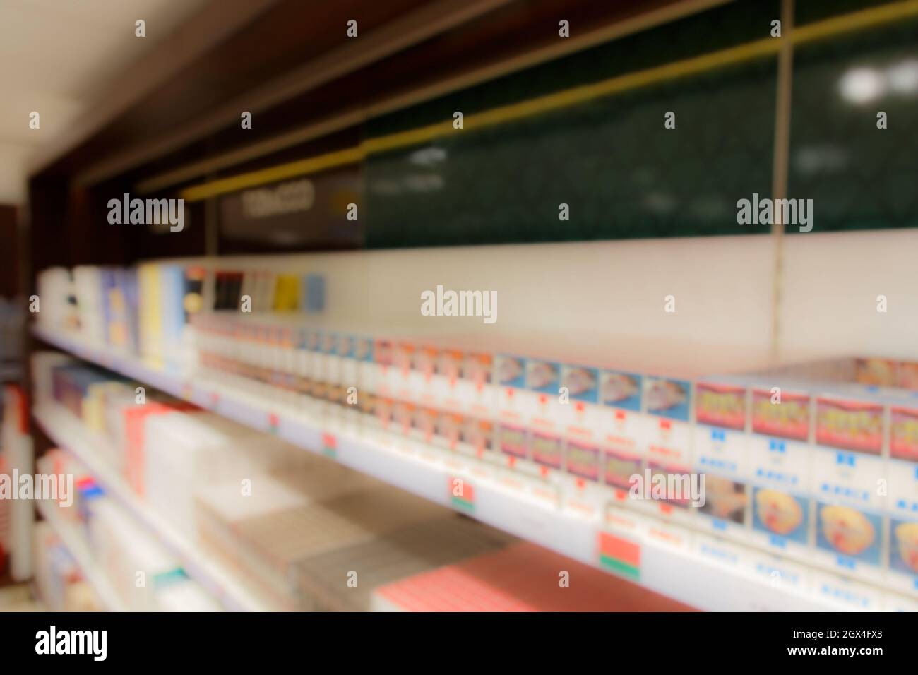 Blurred image of showcase of Belarusian-made cigarettes in store Stock ...