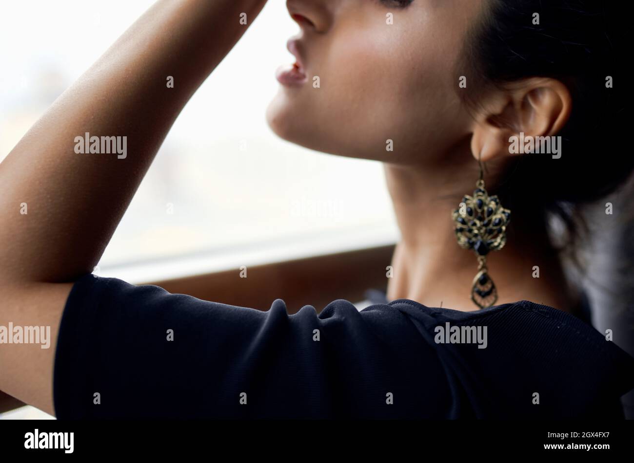 beautiful woman in a black dress near the window posing elegant style ...