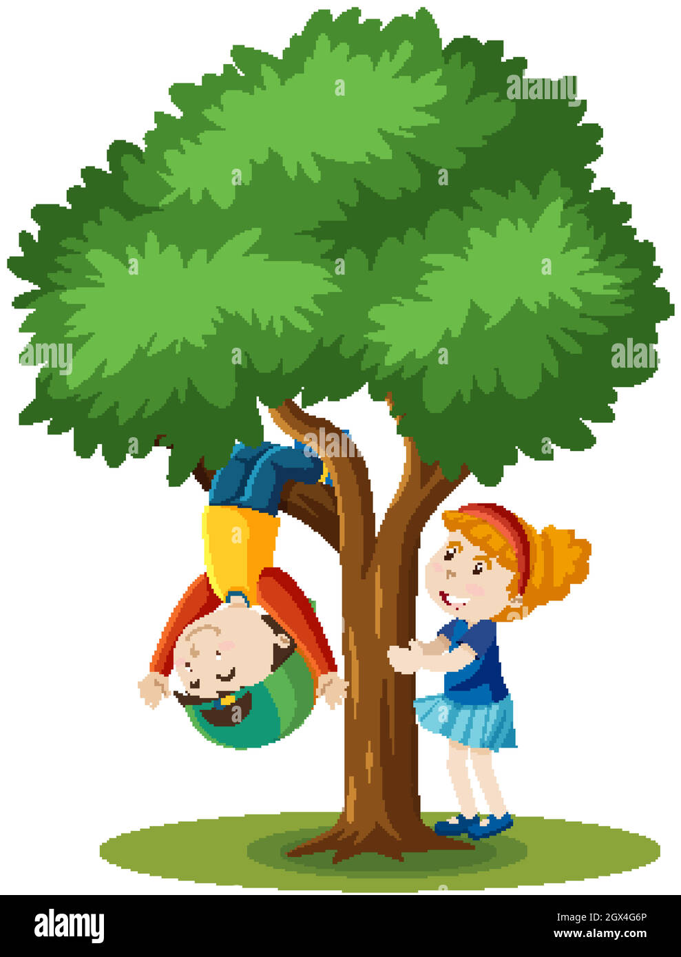 Two kids are climbing the tree cartoon style isolated on white ...