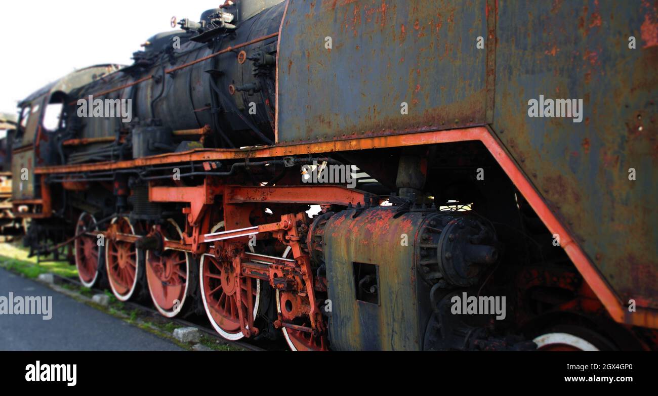 Old steam locomotive. Vintage coal train. Rusty retro iron machine ...