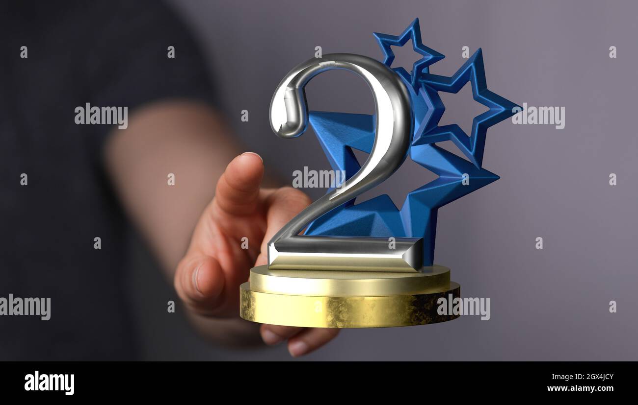Businessman's hands showing a 3D rendered second place icon Stock Photo ...