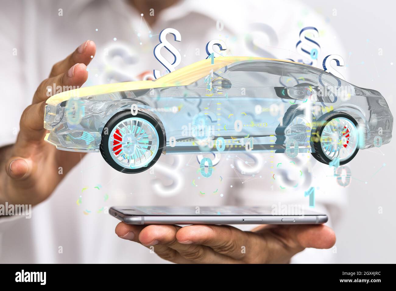 Man showing a 3D rendered car with law and justice icons, car insurance ...
