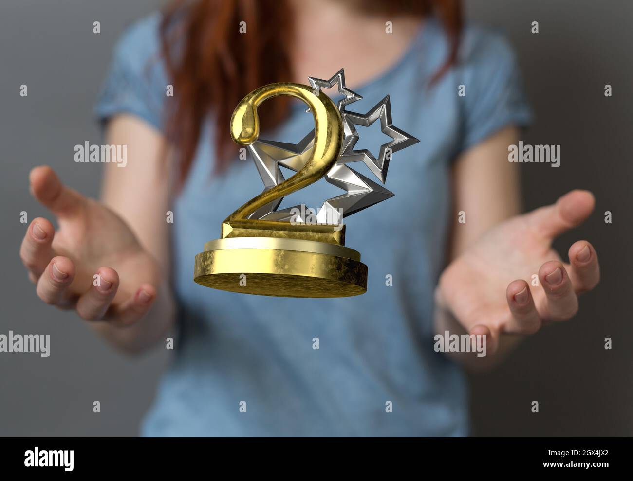 Hands showing a 3D rendered second place prize icon flowing in the air ...