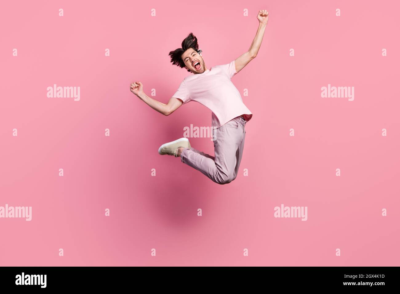 Full size profile side photo of young man happy positive smile rejoice ...