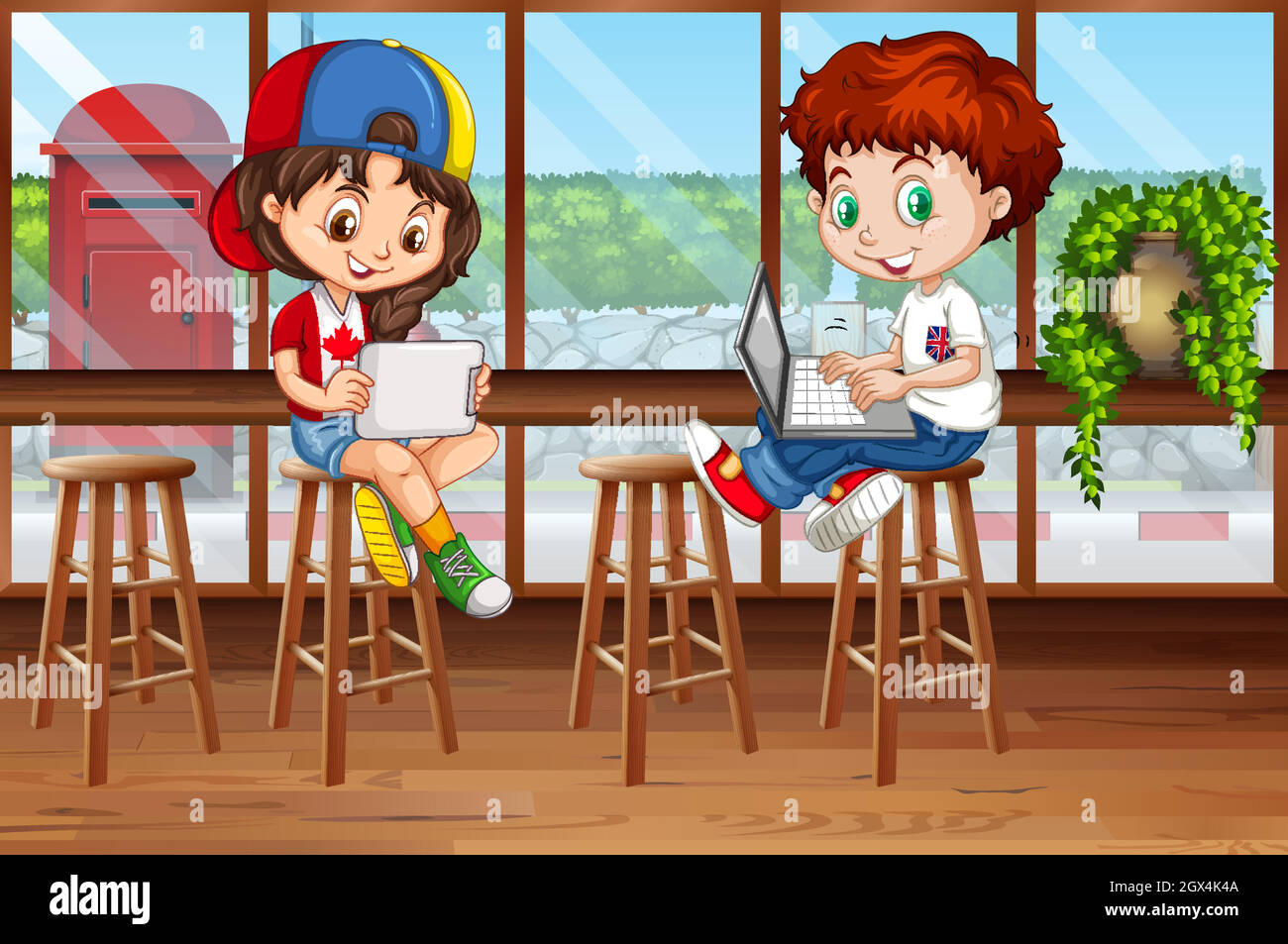 Girl and boy using computer in the pub Stock Vector Image & Art - Alamy