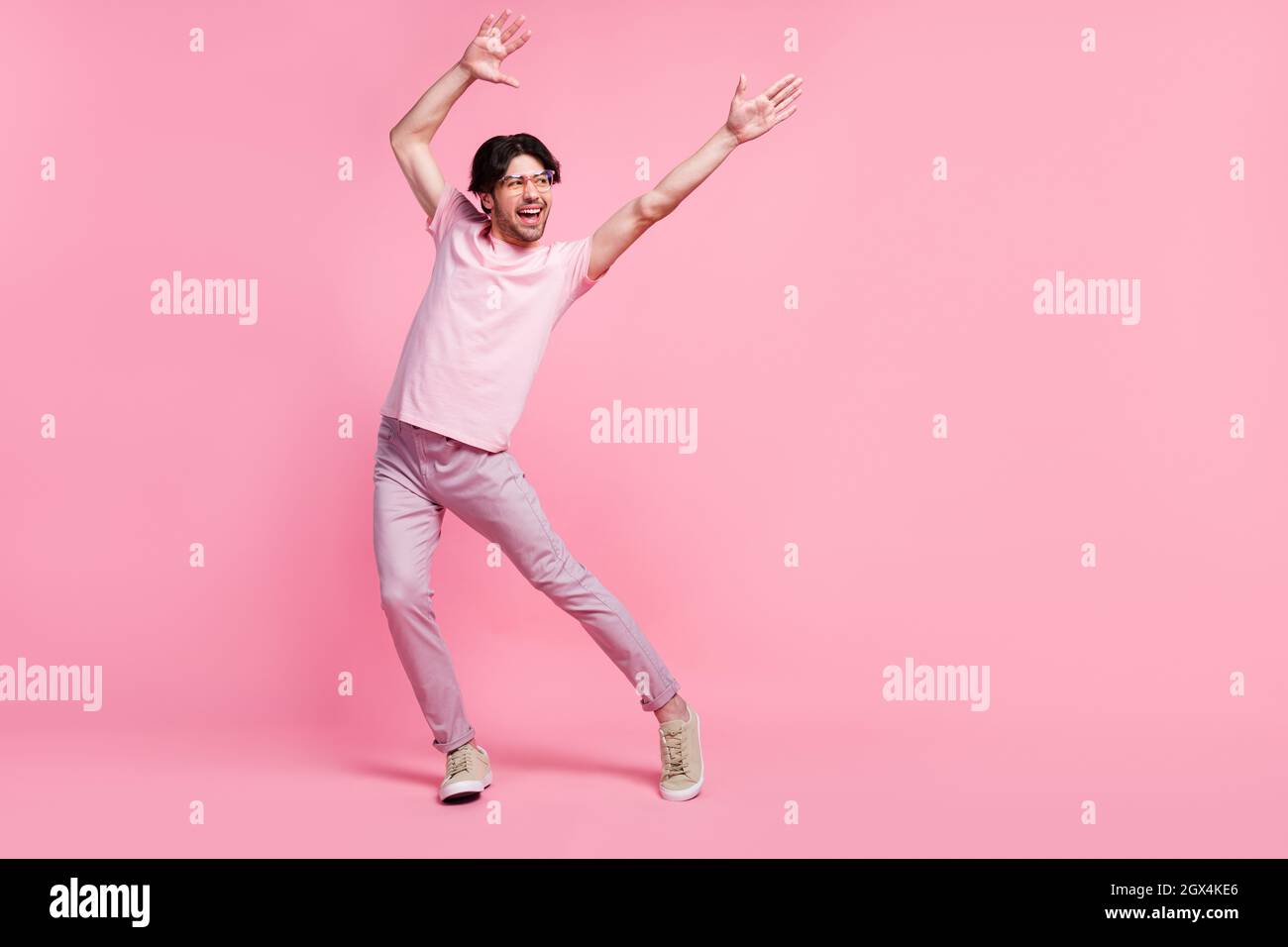 Full length body size photo man happy cheerful dancing overjoyed ...