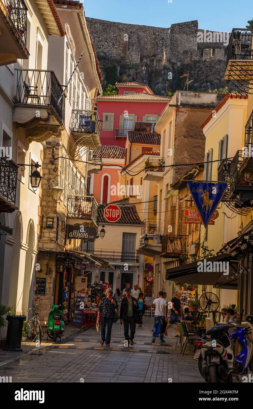 Beautiful decorated streets of Nafplion with traditional architectural ...