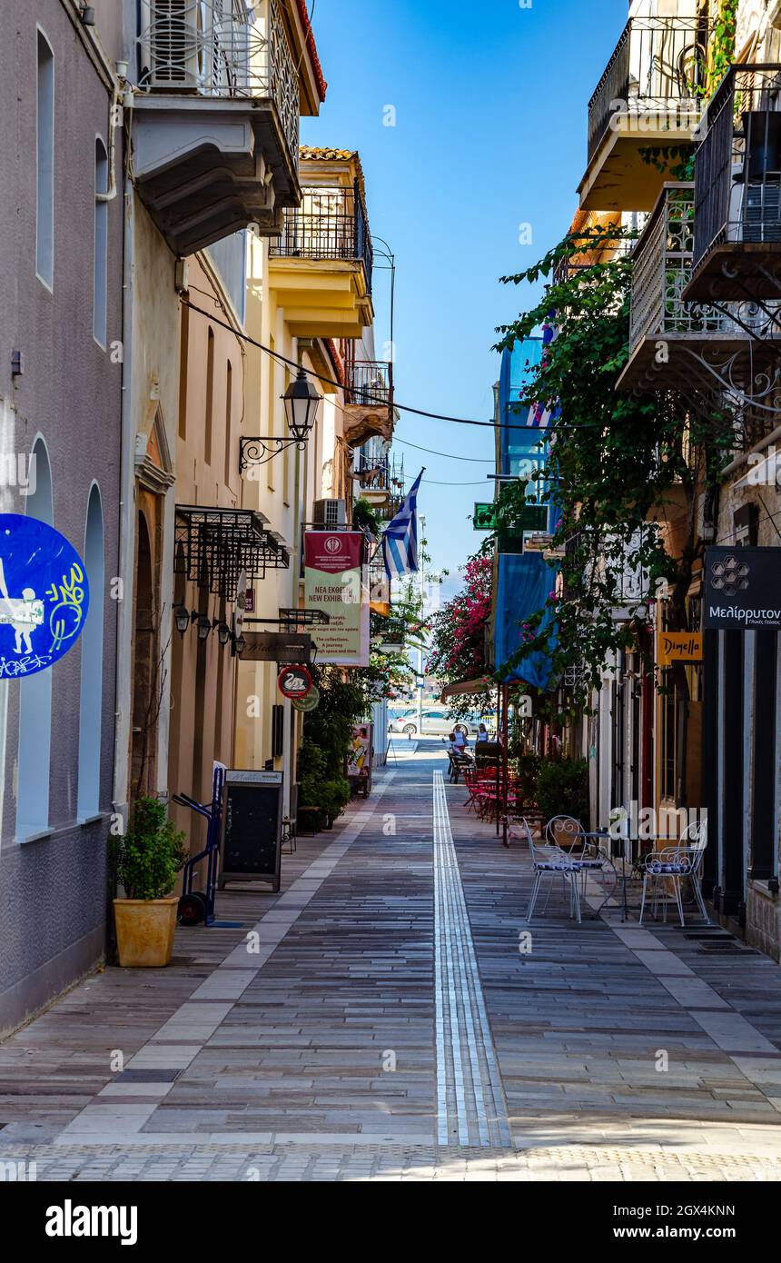 Beautiful decorated streets of Nafplion with traditional architectural ...
