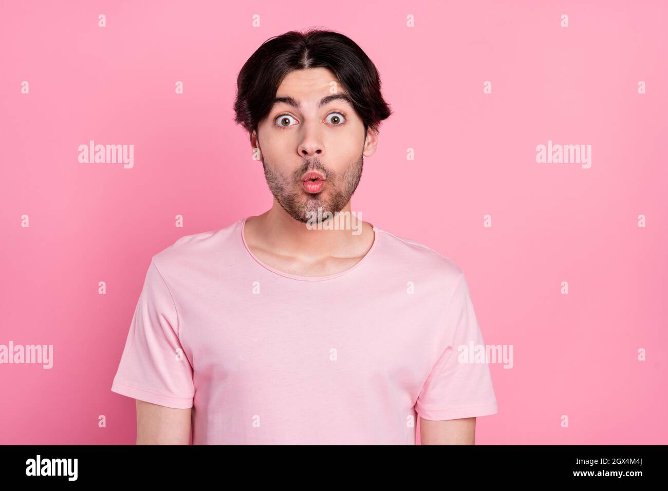 Photo of young man amazed shocked surprised fake news pouted lips ...