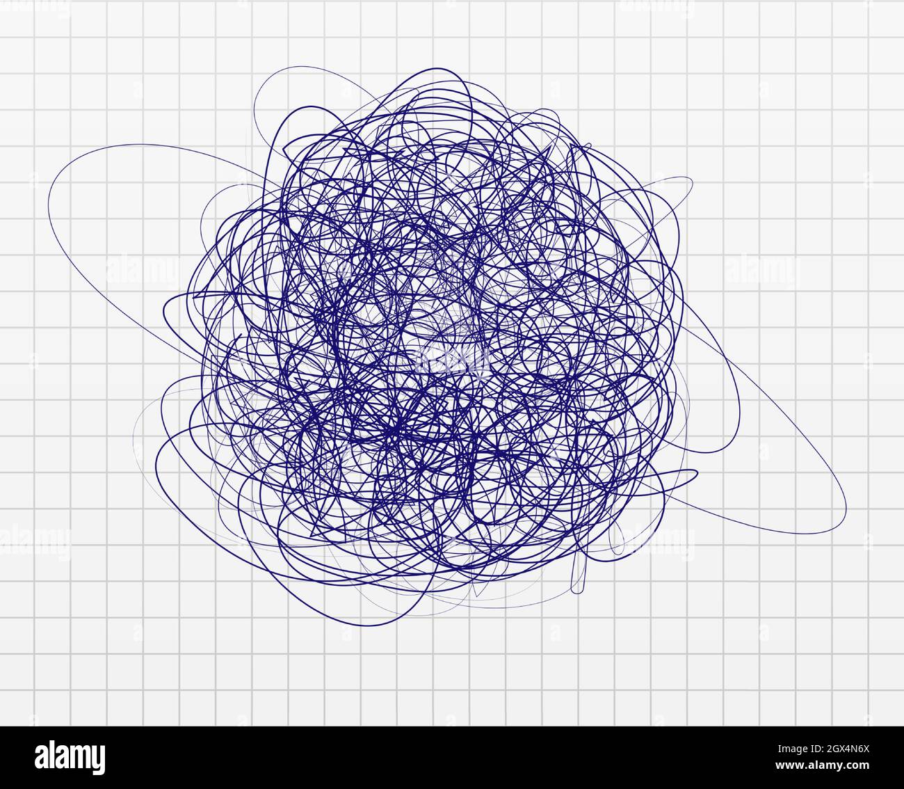 Doodles knot ball pen drawn, stain of chaotic lines on checkered paper ...