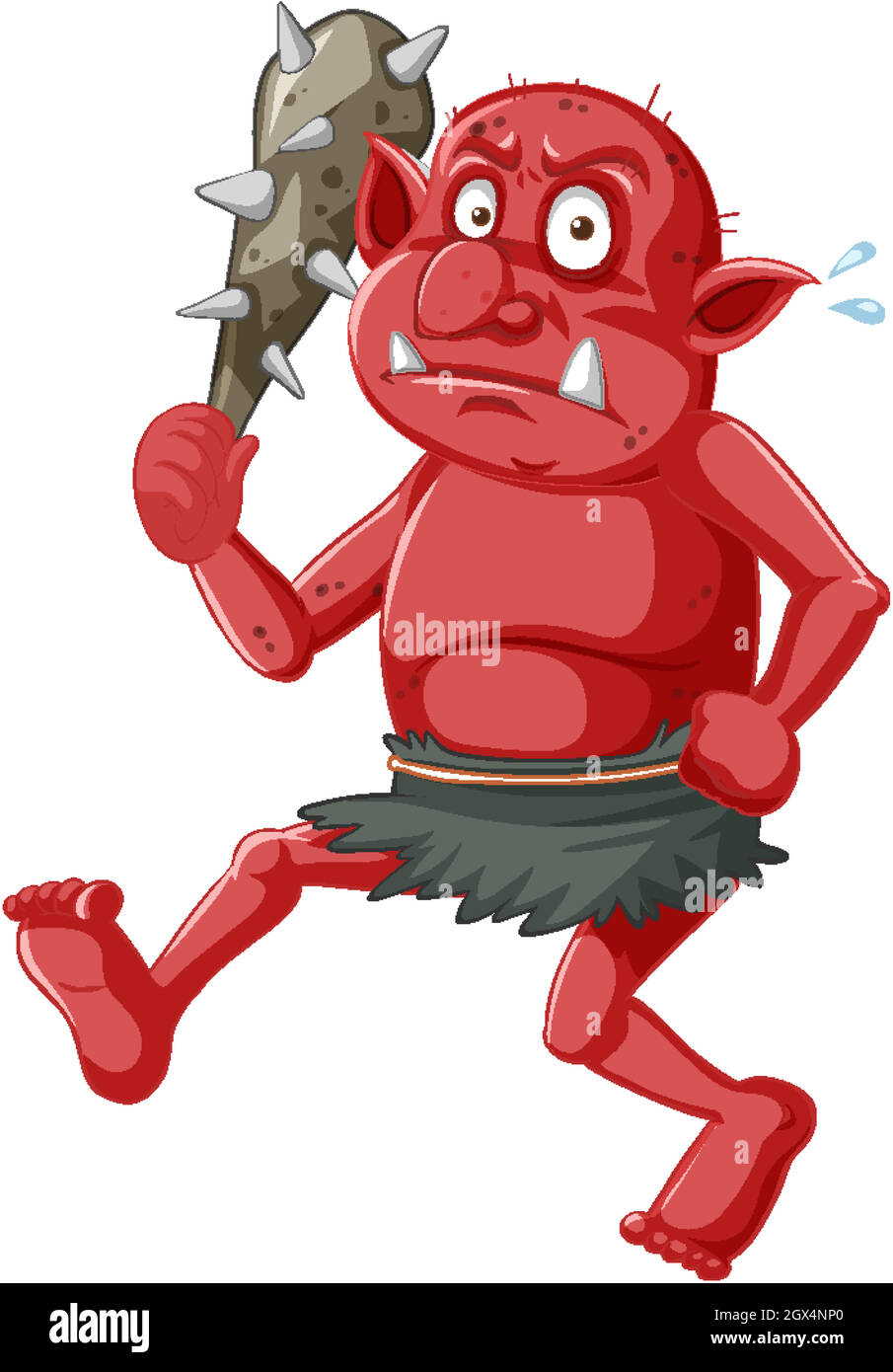 Red goblin or troll holding hunting tool in cartoon character isolated ...