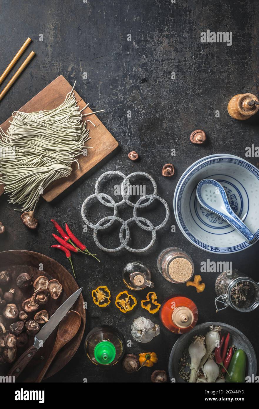 Asian food background with various kitchen tolls and utensils, homemade ...