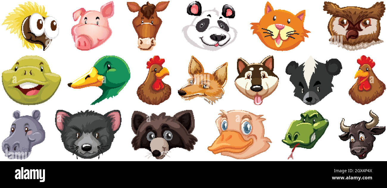 Set of different cute cartoon animals head huge isolated on white ...