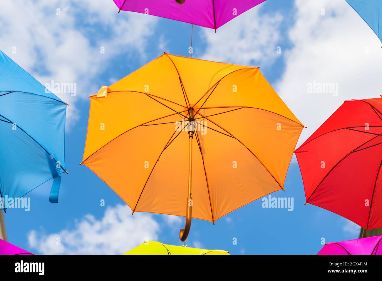 Close up shot of a beautiful colorful umbrellas in an awesome view of ...