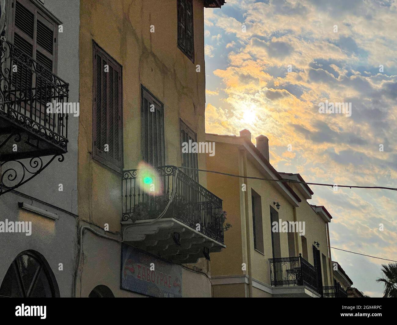 Beautiful decorated streets of Nafplion with traditional architectural ...