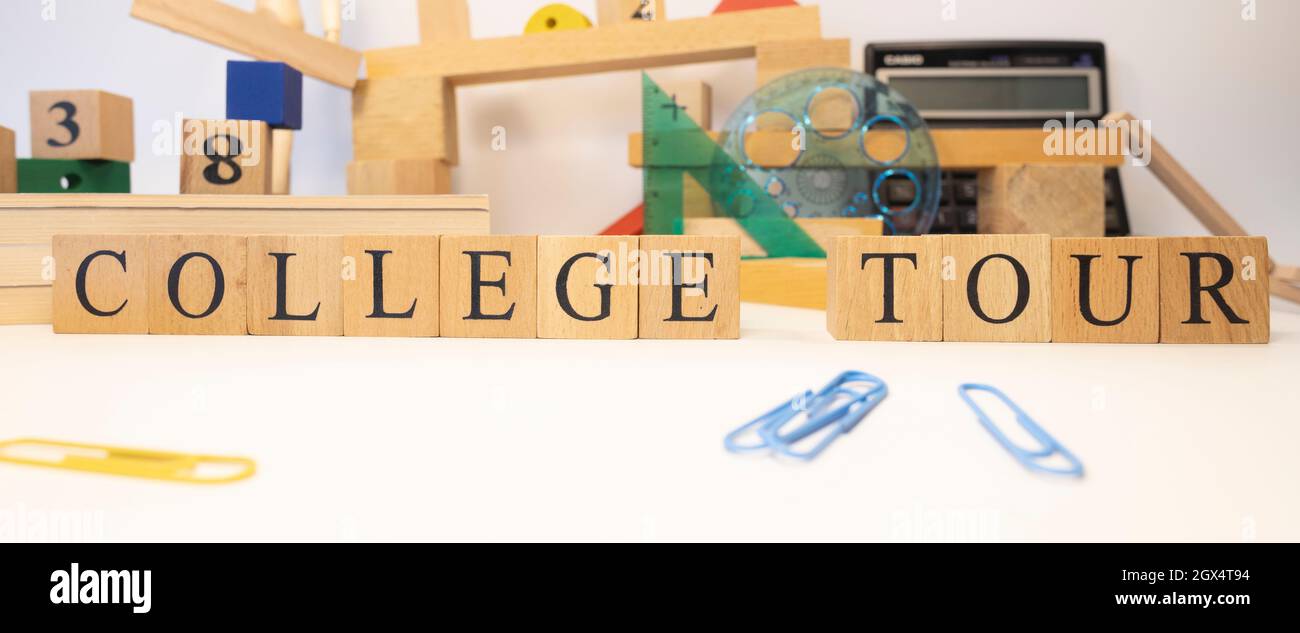 The word college tour was created from wooden cubes. close up Stock ...