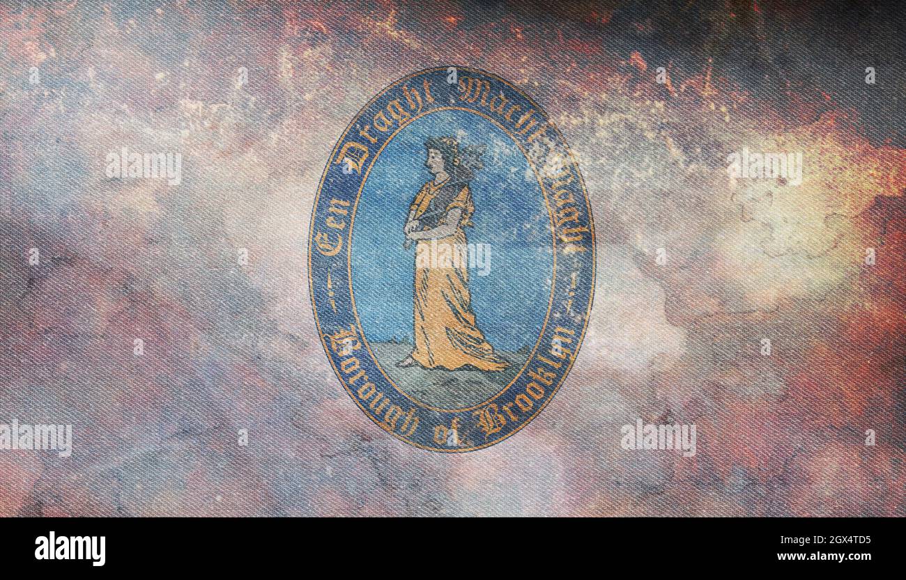 Top view of retro county of Brooklyn, New York flag with grunge texture ...