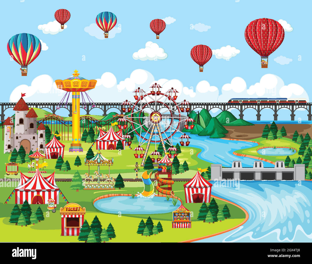Theme amusement park festival with balloon landscape scene Stock Vector ...