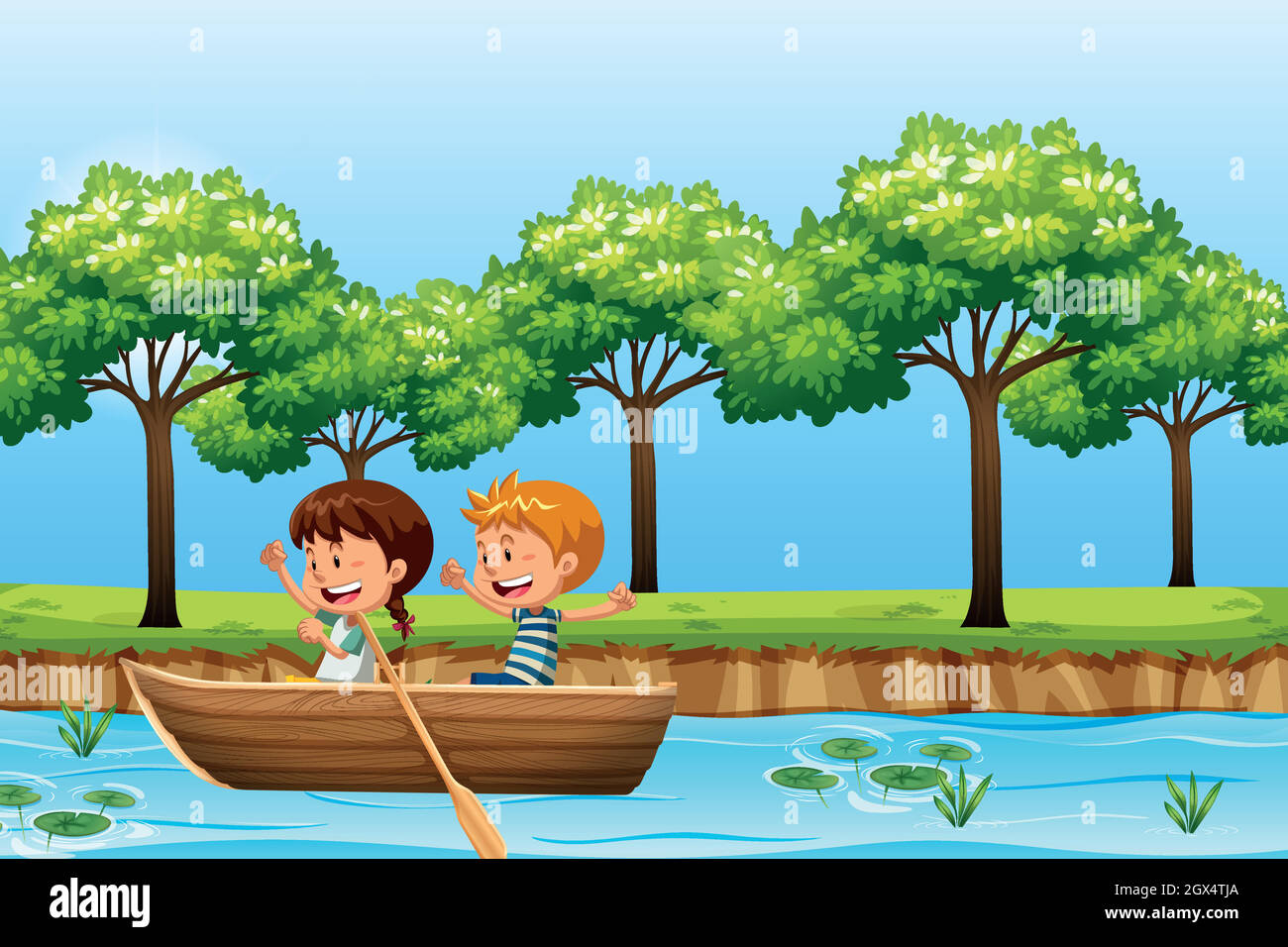 Children paddle wooden boat Stock Vector Image & Art - Alamy