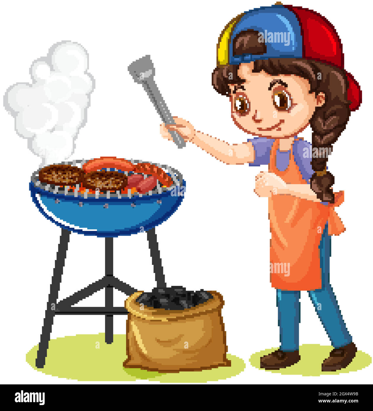 Girl and grill stove with food on white background Stock Vector Image ...