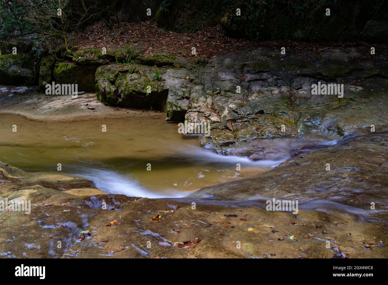 bedrock of white rock with shallow river and autumn leaves,salt del mir ...