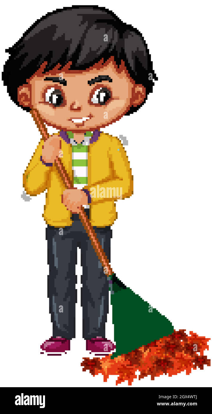 Happy boy raking leaves on white background Stock Vector Image & Art ...