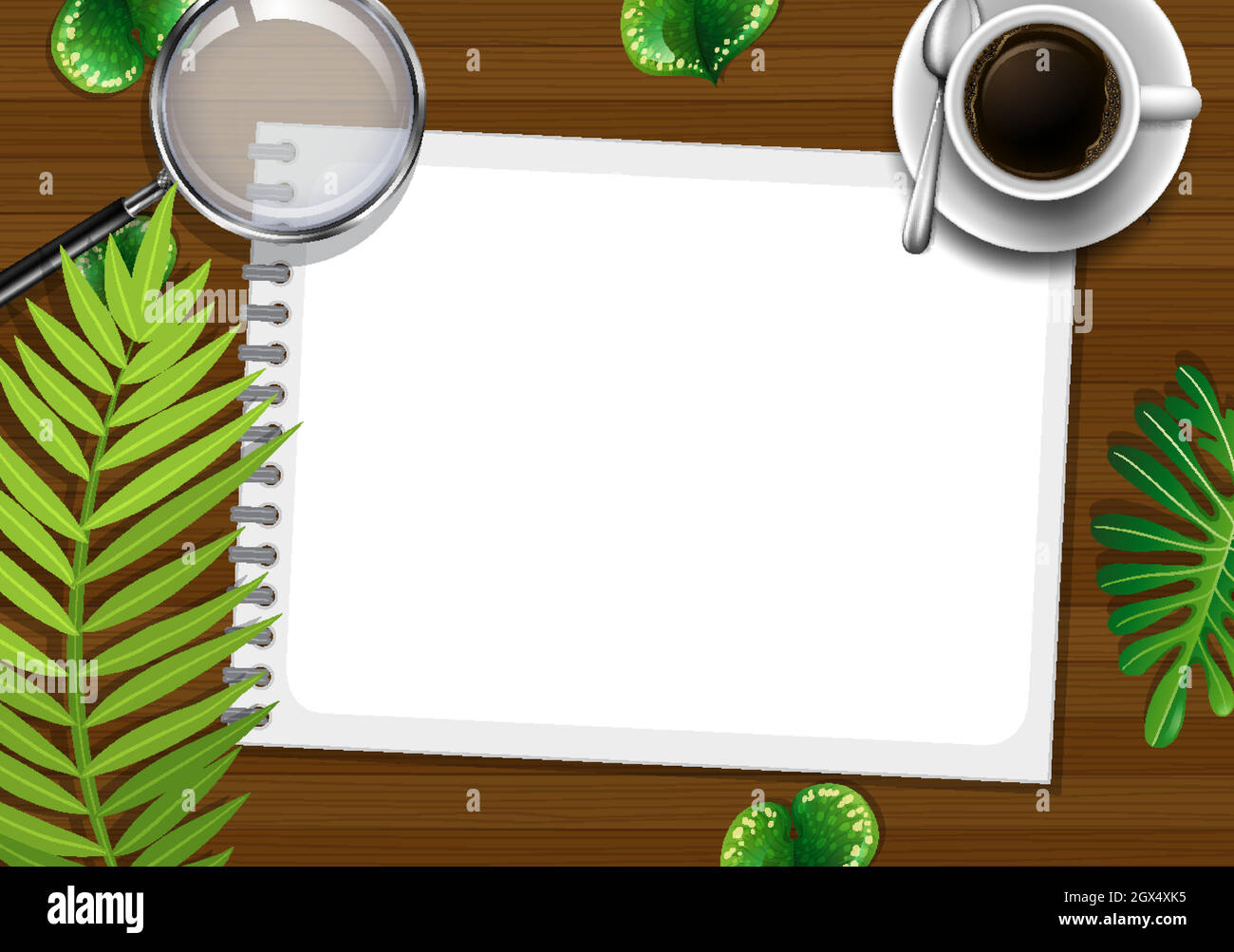 Top view office work table with office elements with green leaves Stock ...