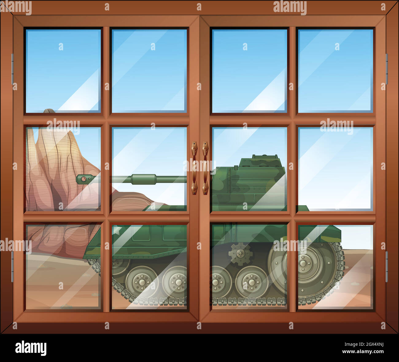A closed window with a view of the military tanker outdoor Stock Vector ...
