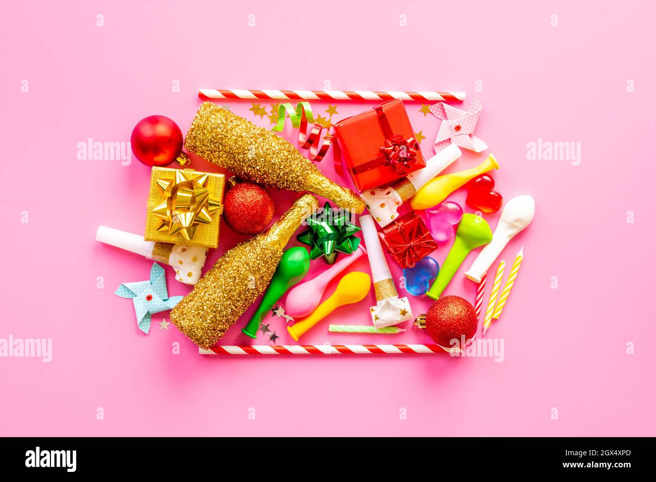 Colorful celebration background with party supplies and decor Stock ...