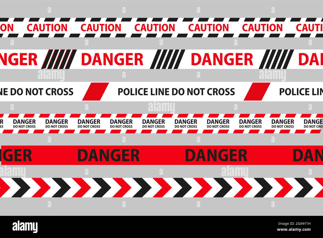 Danger, caution and warning seamless tapes. Black, white and red police ...