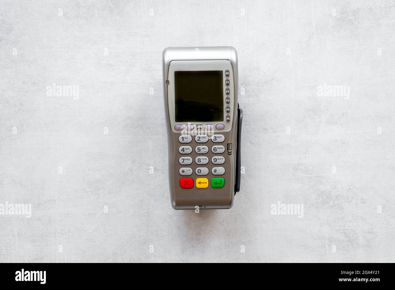 Payment transactions with pos credit card terminal, top view Stock ...