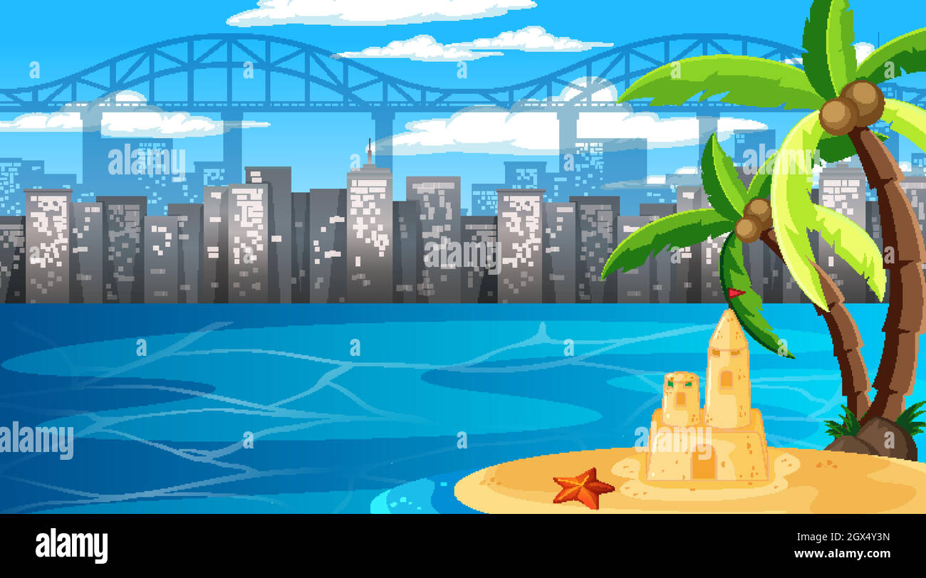 Tropical beach landscape at daytime scene with cityscape background ...