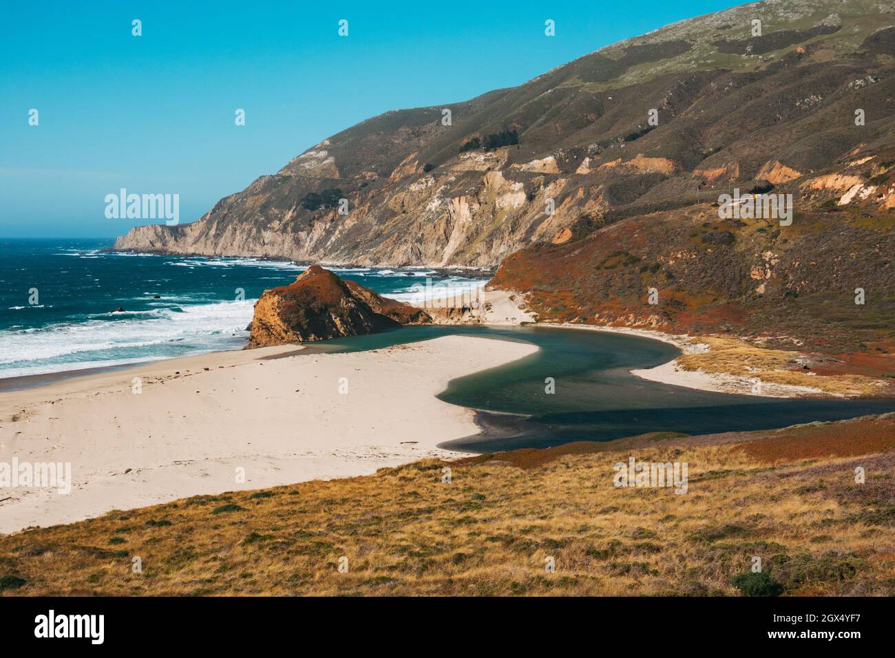 an estuary flows into the Pacific Ocean amongst plant-covered sand ...