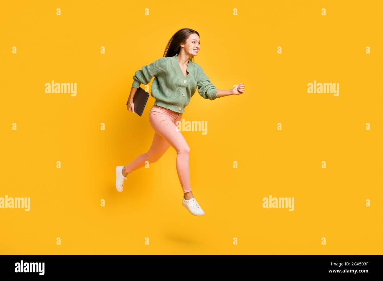 Full size profile side photo of young pretty happy business woman run ...