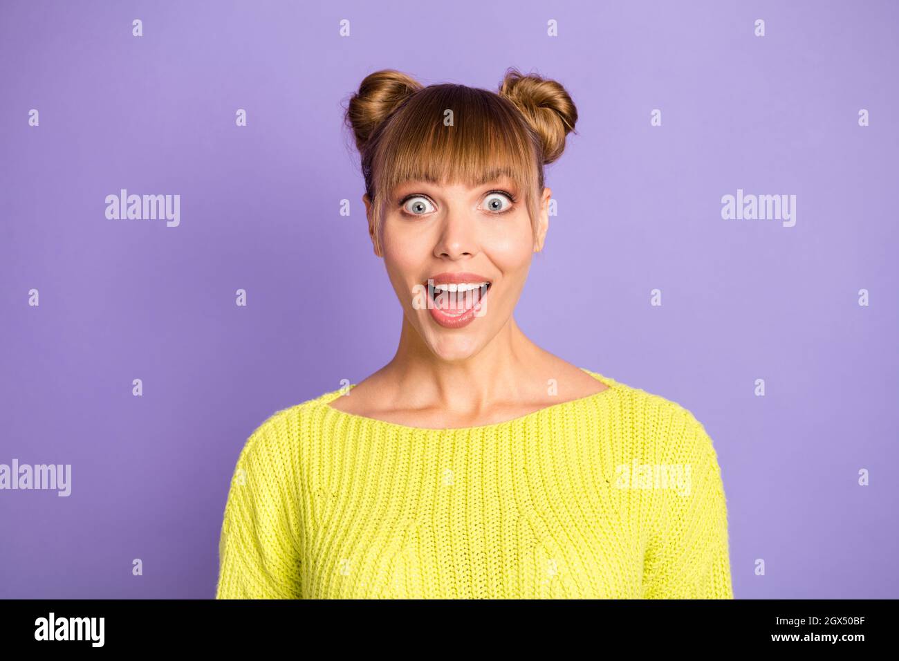 Portrait Of Impressed Funny Blond Girl Wear Green Sweater Isolated On