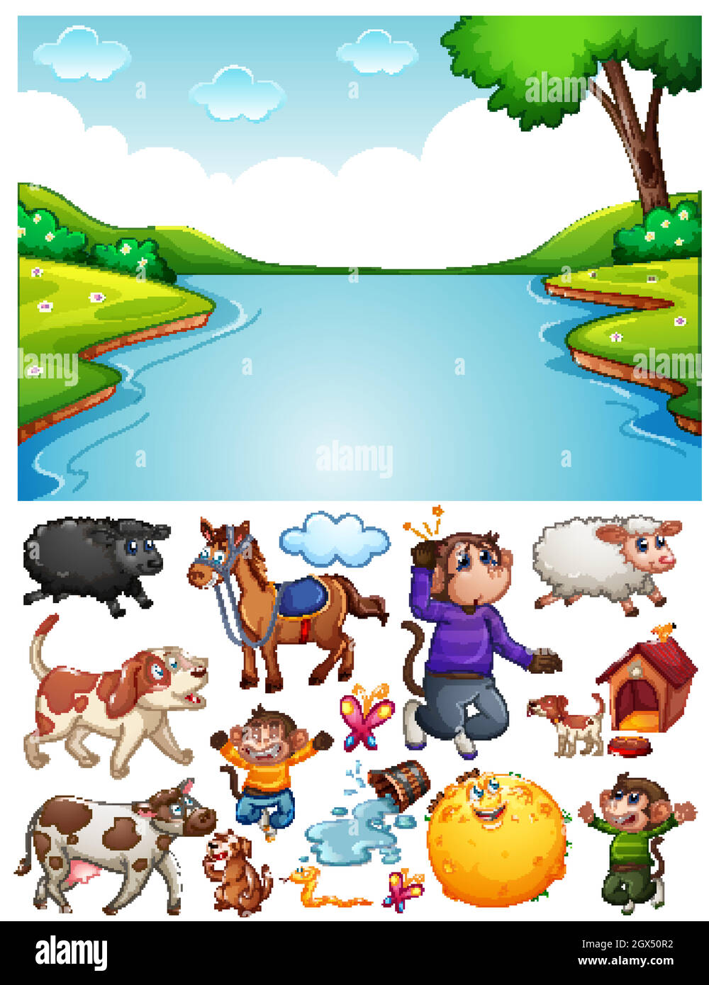 Blank river scene with isolated cartoon character and objects Stock ...