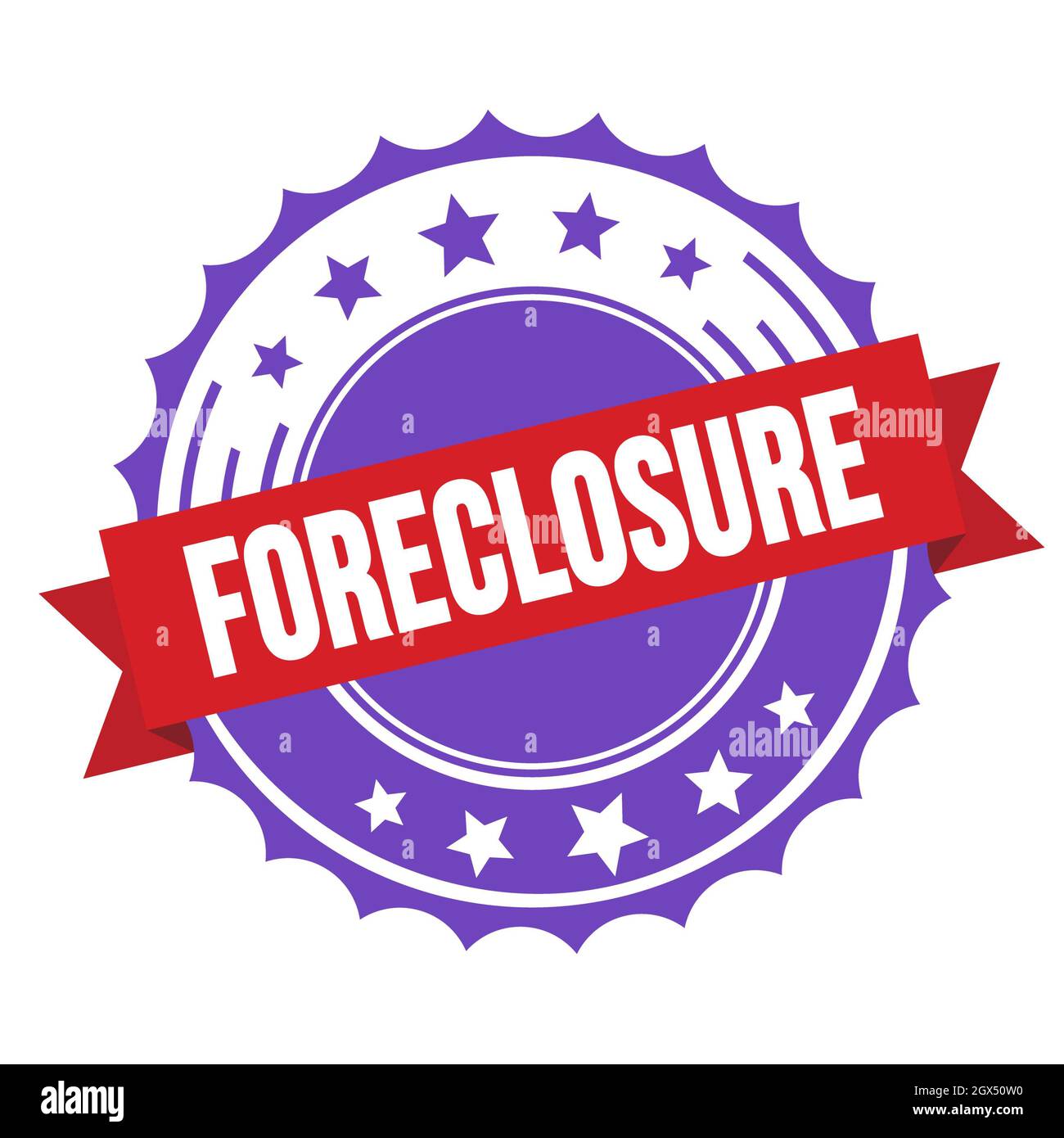 FORECLOSURE text on red violet ribbon badge stamp Stock Photo - Alamy