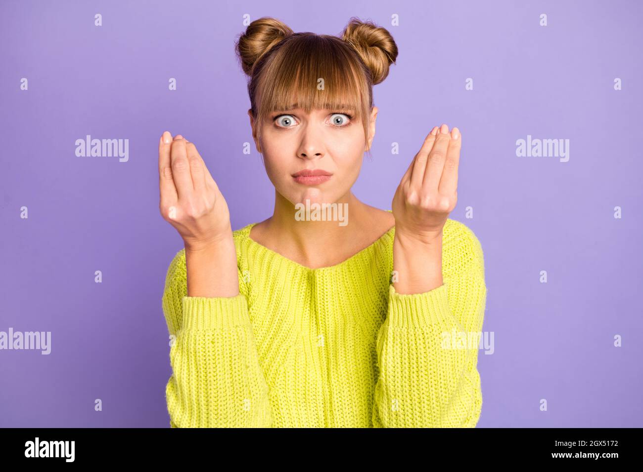 Close-up portrait of lovely worried girl looking desperate asking ...