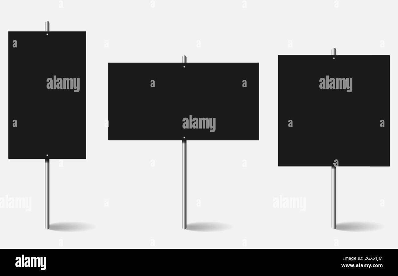 Blank black banner mockup set on metal stick. Protest poster ...