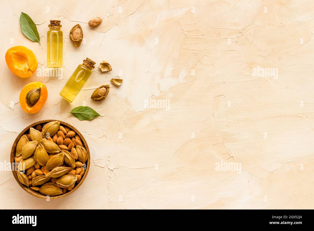 Apricot kernel oil in glass bottles with ripe apricot fruits Stock ...