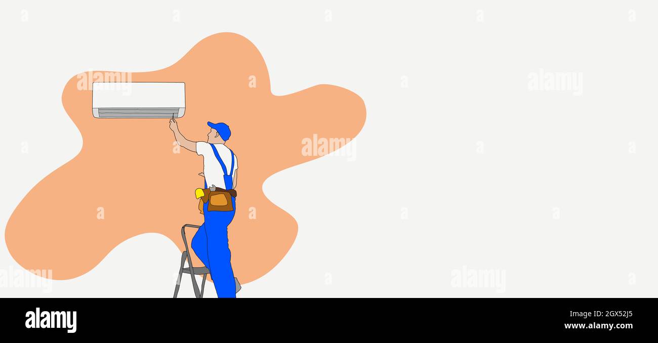 Service and repair of air conditioners. The repairman on the background ...