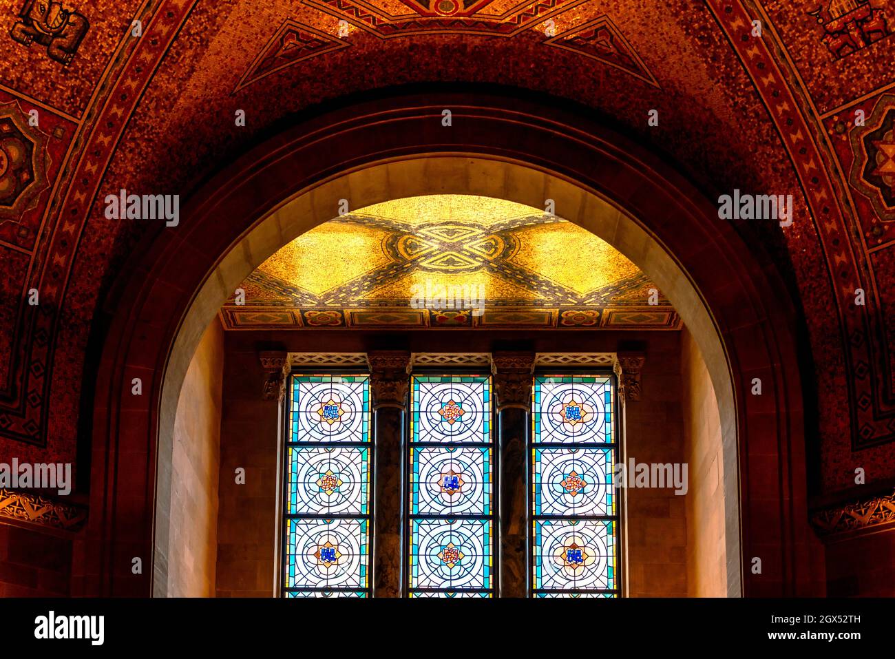 Detail of the mosaic ceiling and stained glass window in the rotunda ...