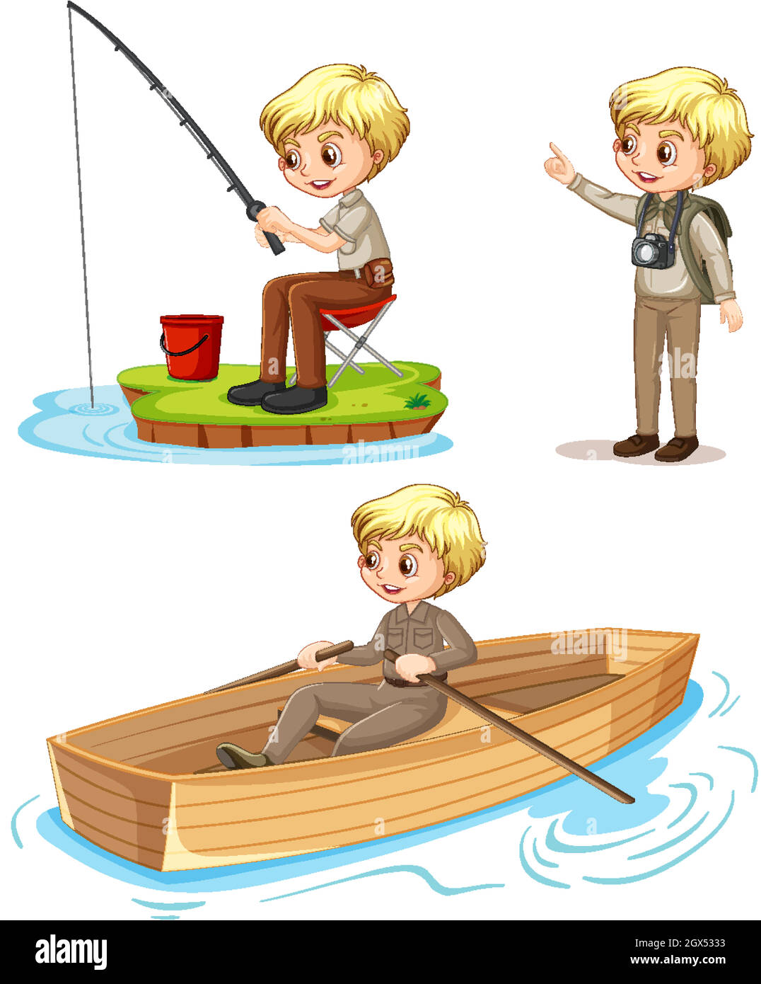 Cartoon character of a boy in camping outfits doing different ...